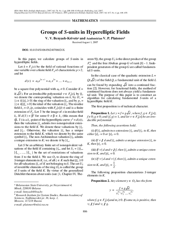(PDF) Groups of S-units in hyperelliptic fields