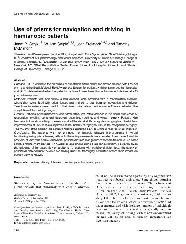 (PDF) Use of prisms for navigation and driving in hemianopic patients ...