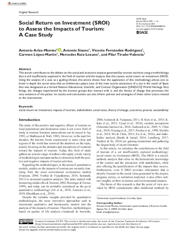 (PDF) Social Return on Investment (SROI) to Assess the Impacts of Tourism: A Case Study