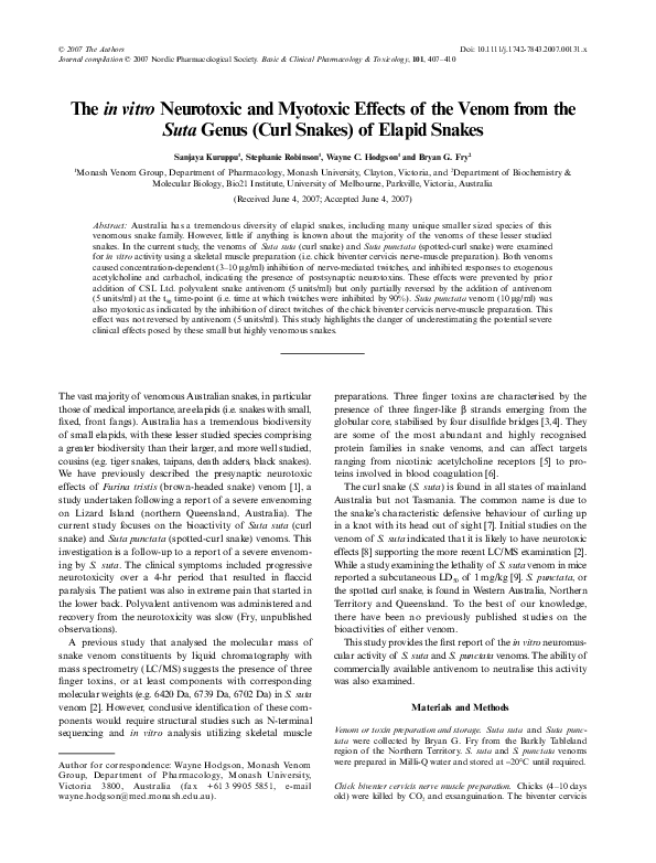 (PDF) The in vitro Neurotoxic and Myotoxic Effects of the Venom from ...