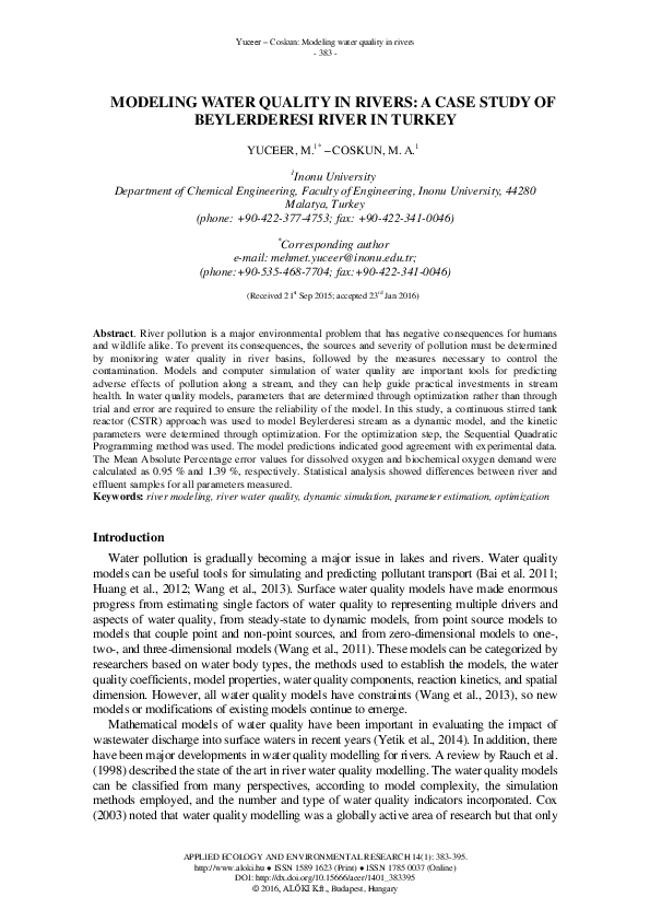 (PDF) Modeling Water Quality in Rivers: A Case Study of Beylerderesi ...