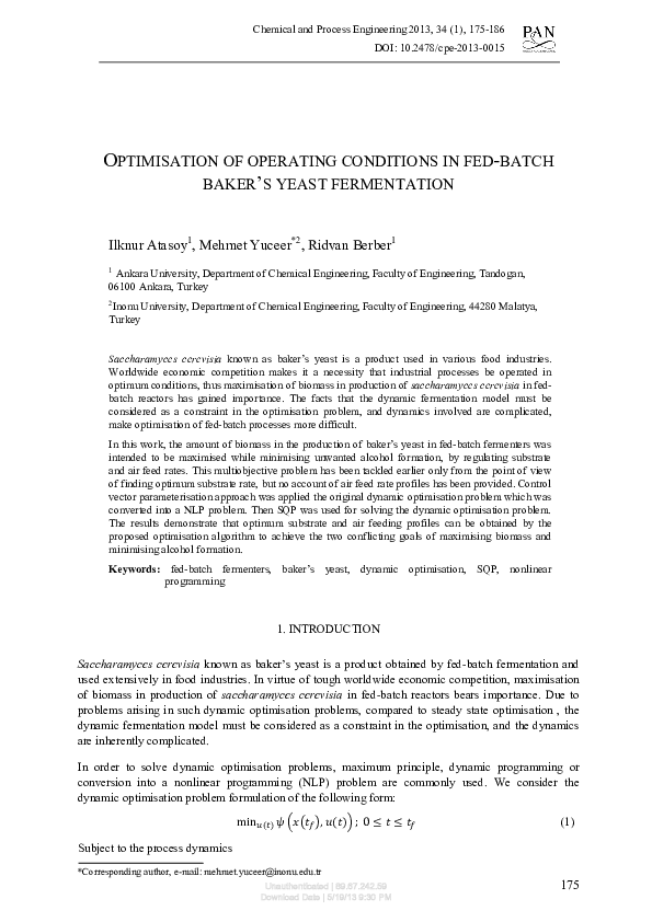 (PDF) Optimisation of Operating Conditions in Fed-Batch Baker’s Yeast ...