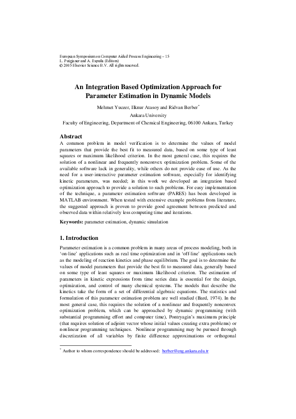 (PDF) An integration based optimization approach for parameter estimation in dynamic models