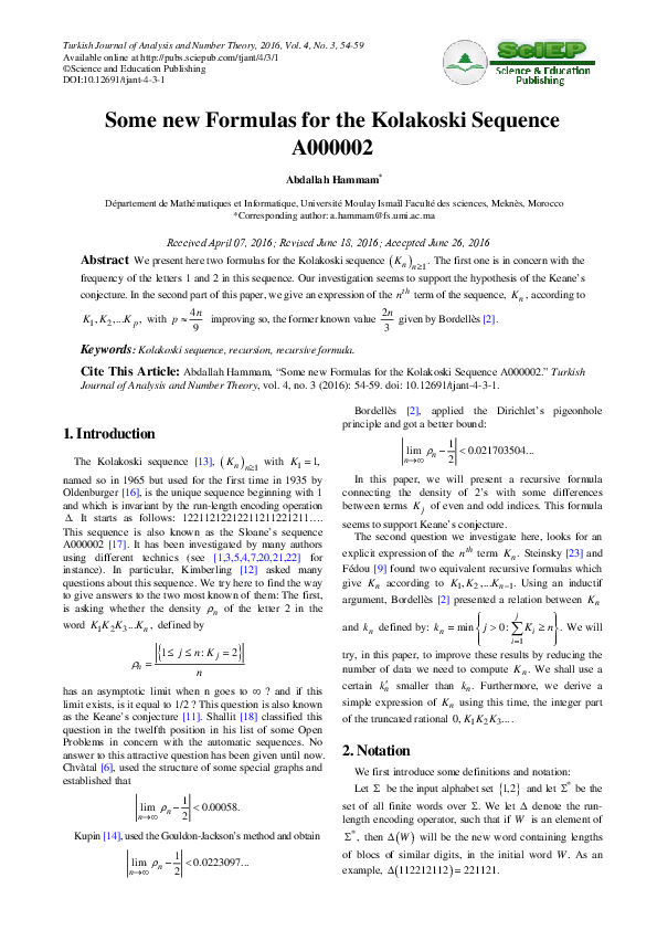 (PDF) Some new Formulas for the Kolakoski Sequence A000002 | Abdallah Hammam - Academia.edu