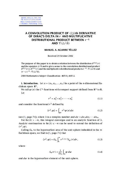 (PDF) A convolution product of (2j)th derivative of Dirac's delta in r and multiplicative ...