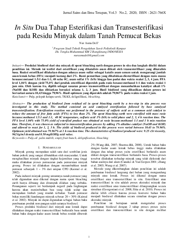 (PDF) In Situ Dua Tahap Esterifikasi dan Transesterifikasi pada Residu ...