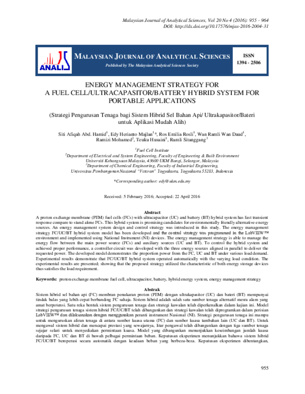 (PDF) ENERGY MANAGEMENT STRATEGY FOR A FUEL CELL/ULTRACAPASITOR/BATTERY ...
