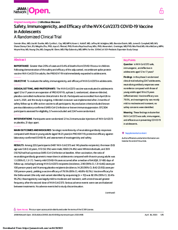 (PDF) Safety, Immunogenicity, and Efficacy of the NVX-CoV2373 COVID-19 ...
