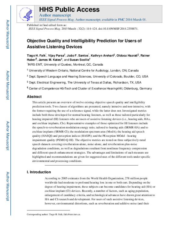 (PDF) Objective Quality and Intelligibility Prediction for Users of Assistive Listening Devices ...