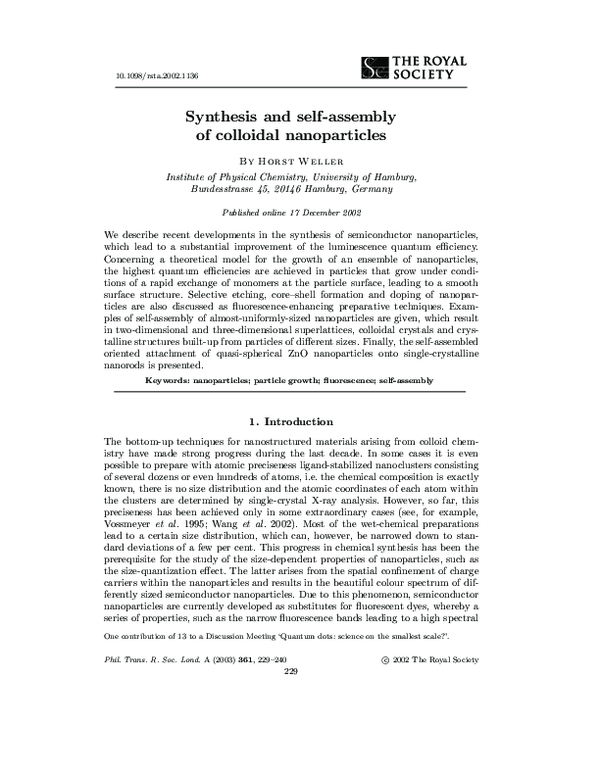 (PDF) Synthesis and self–assembly of colloidal nanoparticles
