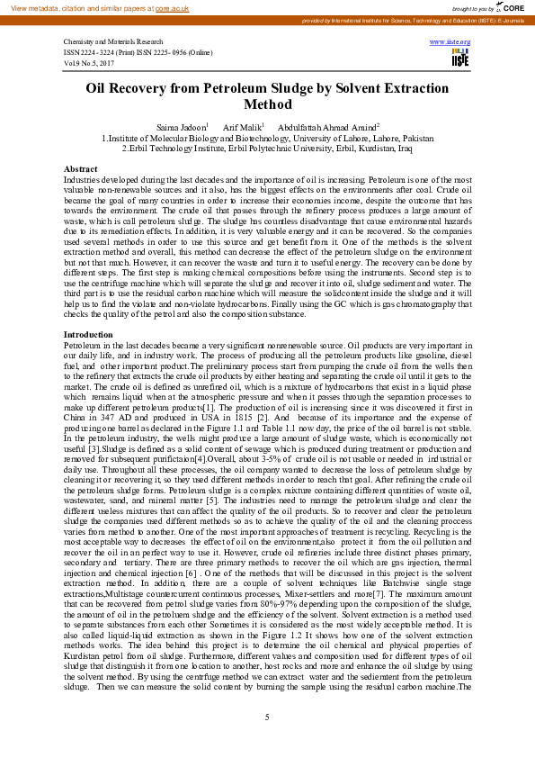 (PDF) Oil Recovery from Petroleum Sludge by Solvent Extraction