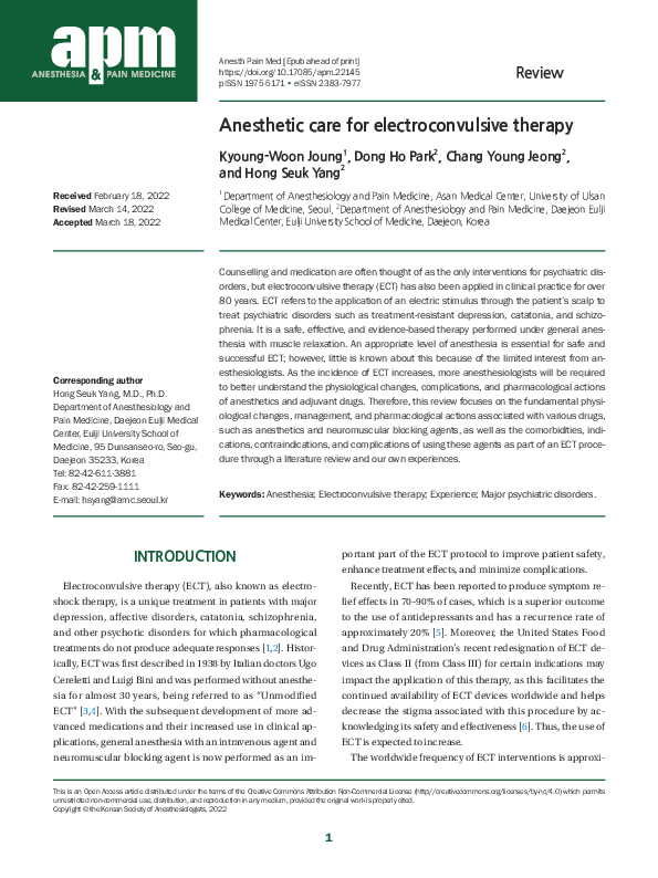 (PDF) Anesthetic care for electroconvulsive therapy