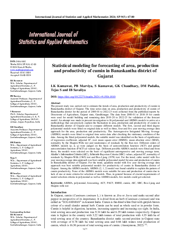 Pdf Statistical Modeling For Forecasting Of Area Production And Productivity Of Cumin In
