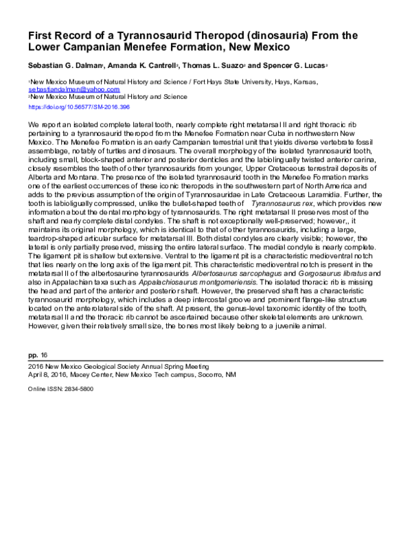 (PDF) First Record of a Tyrannosaurid Theropod (dinosauria) From the ...
