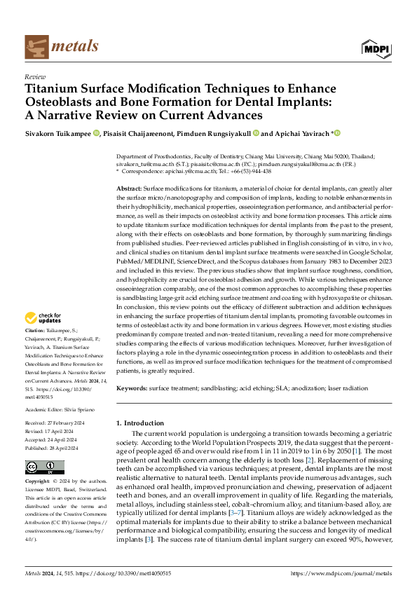 (PDF) Titanium Surface Modification Techniques to Enhance Osteoblasts and Bone Formation for ...