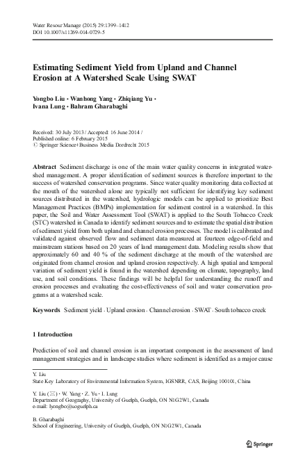 (PDF) Estimating Sediment Yield from Upland and Channel Erosion at A Watershed Scale Using SWAT