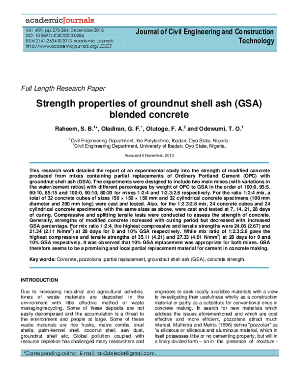 (PDF) Strength properties of groundnut shell ash (GSA) blended concrete