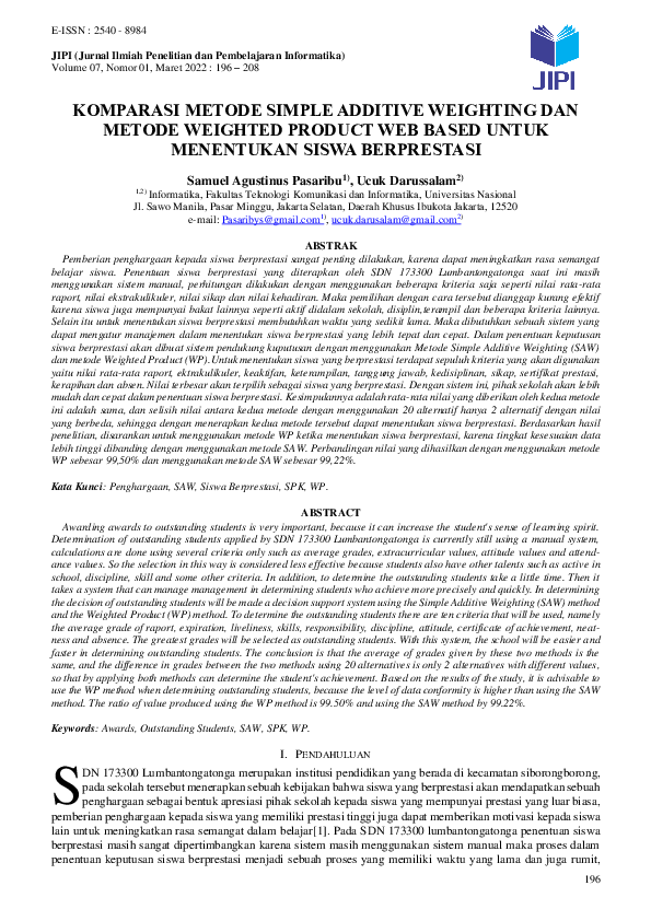 (PDF) Komparasi Metode Simple Additive Weighting Dan Metode Weighted Product Web Based Untuk ...