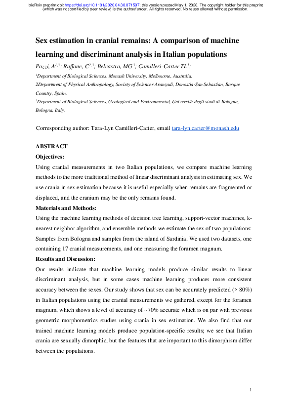 Pdf Sex Estimation In Cranial Remains A Comparison Of Machine Learning And Discriminant
