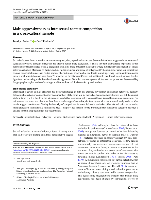 (PDF) Male aggressiveness as intrasexual contest competition in a cross ...