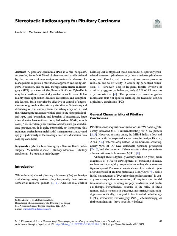 (PDF) Stereotactic Radiosurgery for Pituitary Carcinoma | Ian McCutcheon - Academia.edu