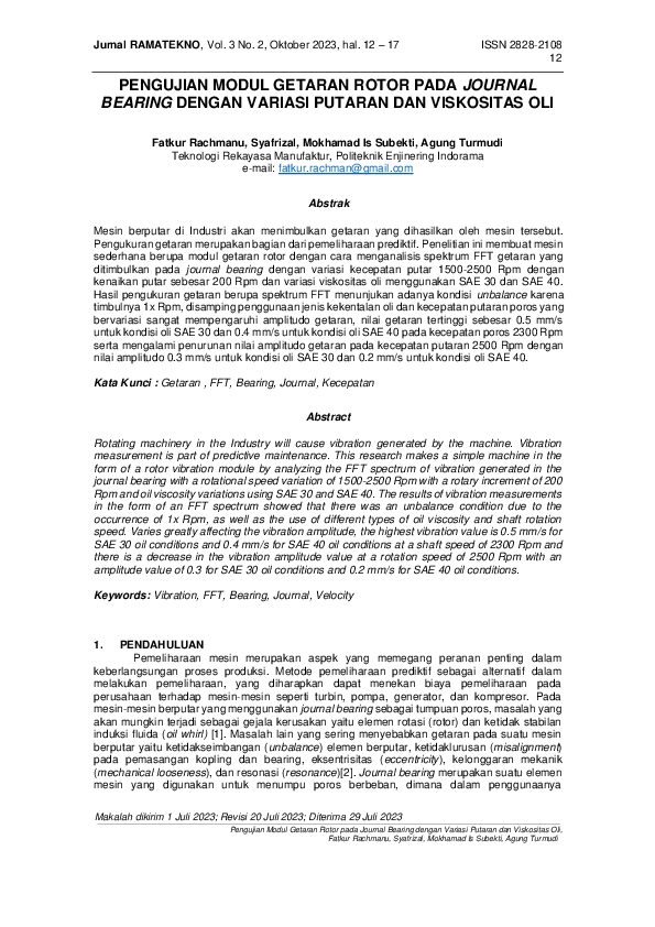 (PDF) Pengujian Modul Getaran Rotor Pada Journal Bearing Dengan Variasi ...