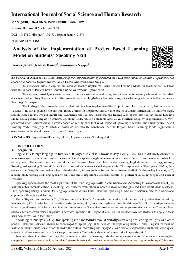 (PDF) Analysis of the Implementation of Project Based Learning Model on Students’ Speaking Skill