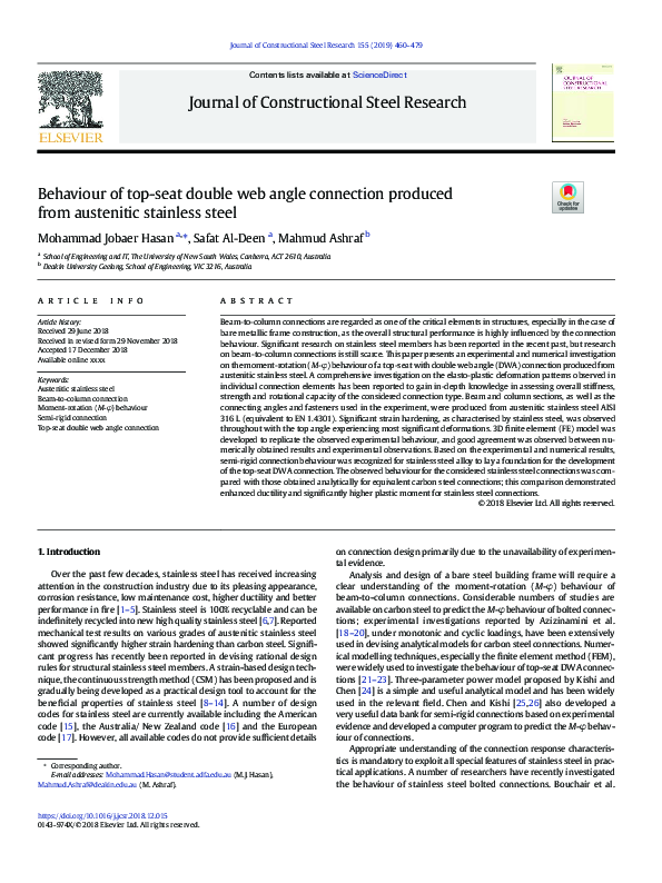 (PDF) Behaviour of top-seat double web angle connection produced from ...