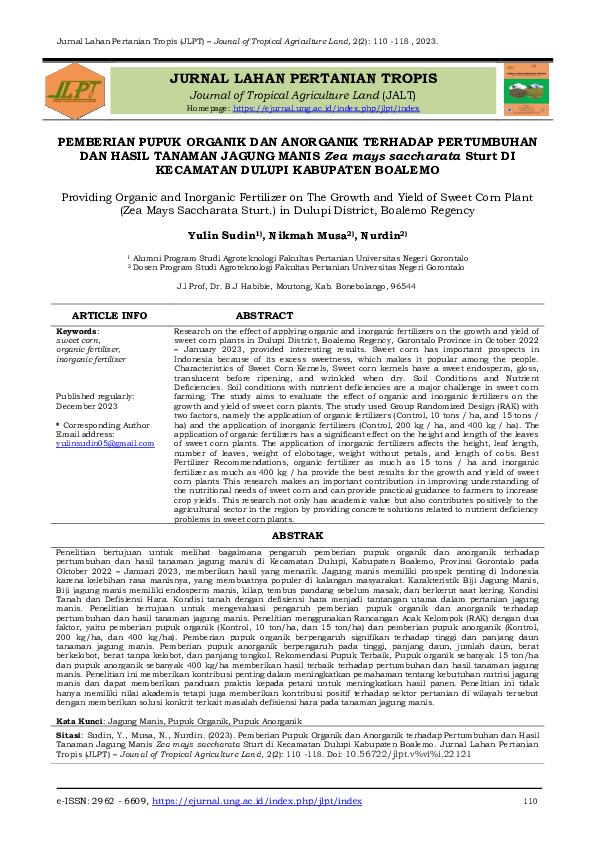 (PDF) PENGARUH PEMBERIAN PUPUK ORGANIK DAN ANORGANIK TERHADAP PERTUMBUHAN DAN HASIL TANAMAN ...