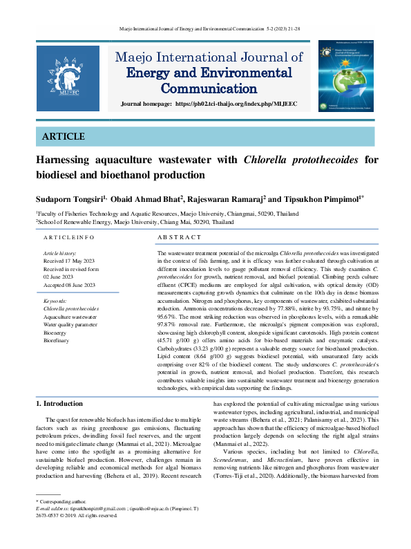 (PDF) Harnessing aquaculture wastewater with Chlorella protothecoides ...