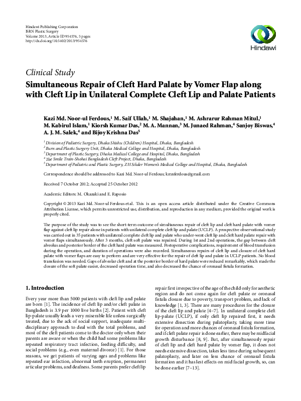 (PDF) Simultaneous Repair of Cleft Hard Palate by Vomer Flap along with Cleft Lip in Unilateral ...