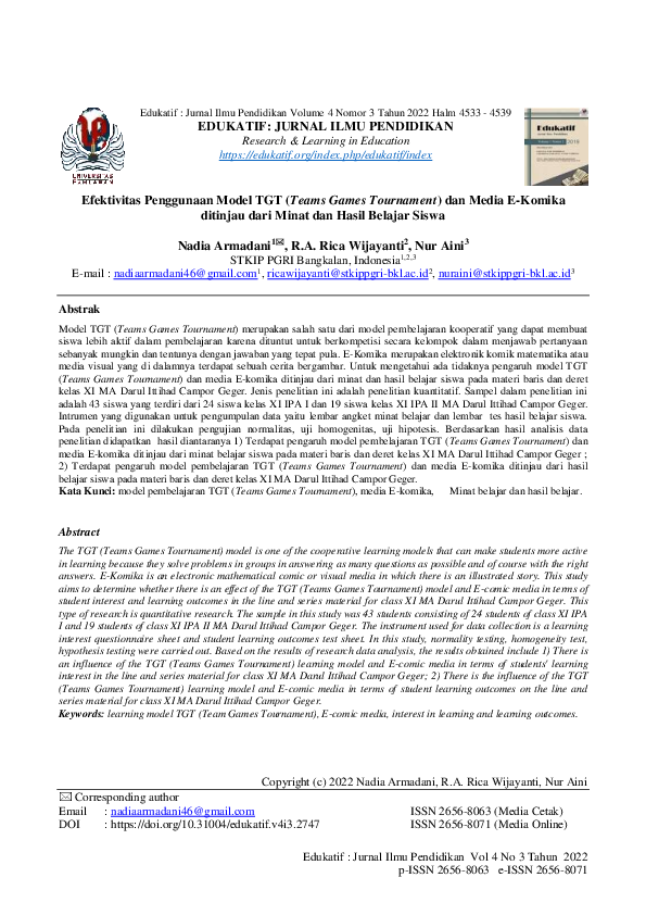 (PDF) Efektivitas Penggunaan Model TGT (Teams Games Tournament) dan Media E-Komika ditinjau dari ...