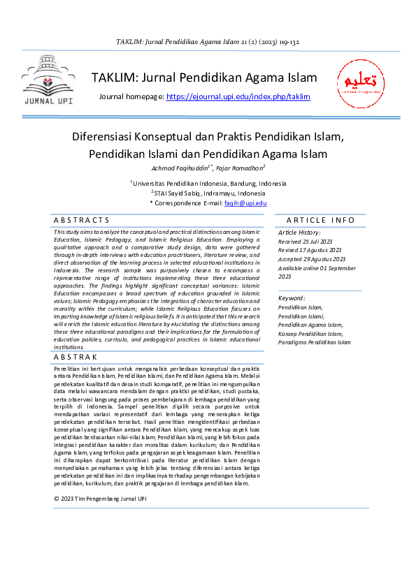 (PDF) Diferensiasi Konseptual Dan Praktis Pendidikan Islam, Pendidikan ...