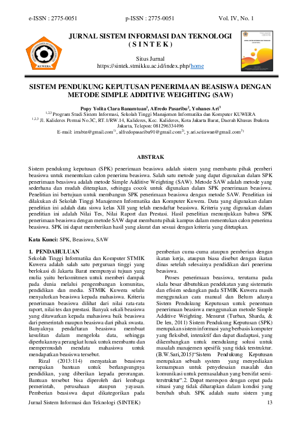 (PDF) Sistem Pendukung Keputusan Penerimaan Beasiswa Dengan Metode Simple Additive Weighting (SAW)
