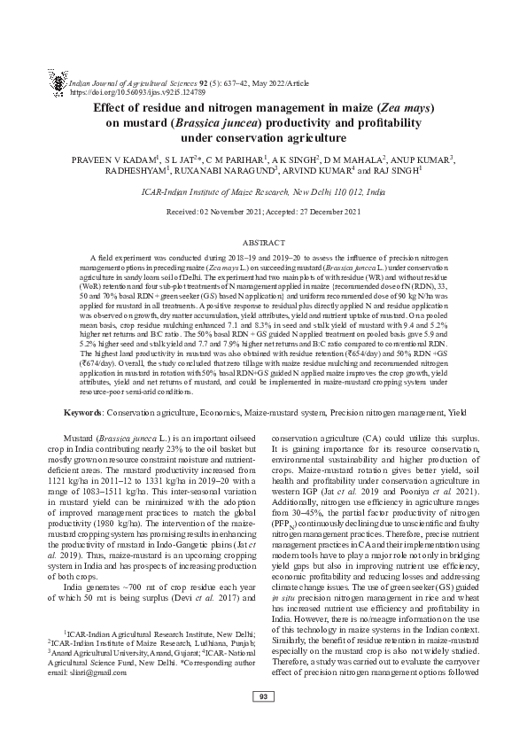 (PDF) Effect of residue and nitrogen management in maize (Zea mays) on mustard (Brassica juncea ...