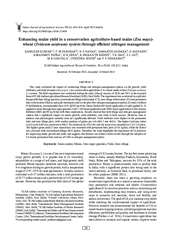 (PDF) Enhancing maize yield in a conservation agriculture-based maize (Zea mays)- wheat ...
