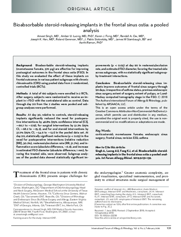 (PDF) Bioabsorbable steroid‐releasing implants in the frontal sinus ...