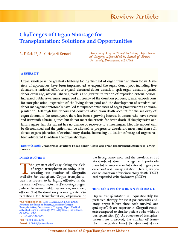 (PDF) Challenges of organ shortage for transplantation: solutions and ...