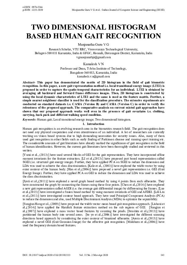 (PDF) Two Dimensional Histogram Based Human Gait Recognition
