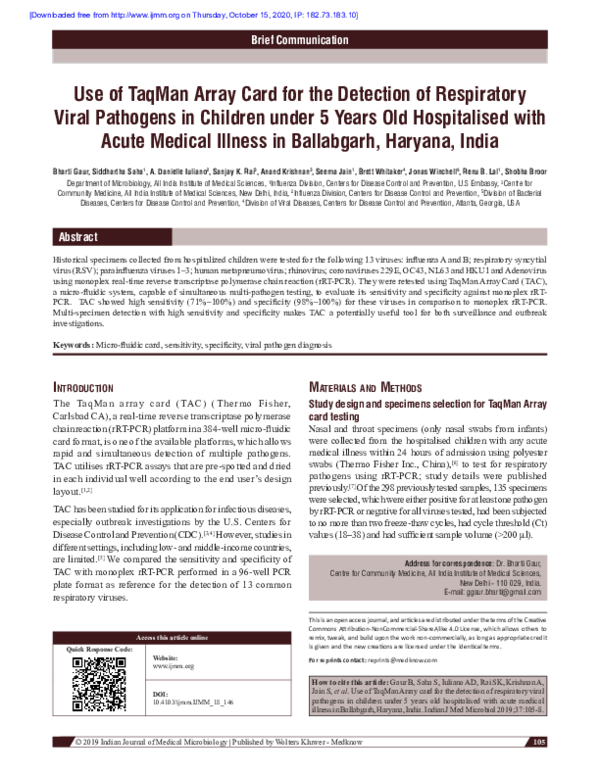 (PDF) Use of TaqMan Array Card for the Detection of Respiratory Viral ...
