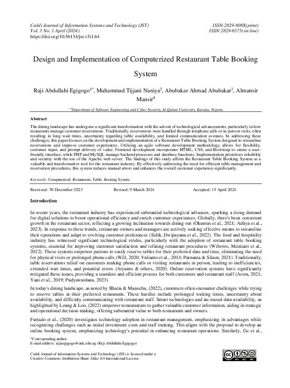 (PDF) Design and Implementation of Computerized Restaurant Table Booking System