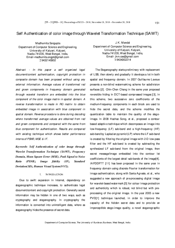 (PDF) Self Authentication of color image through Wavelet Transformation Technique (SAWT)