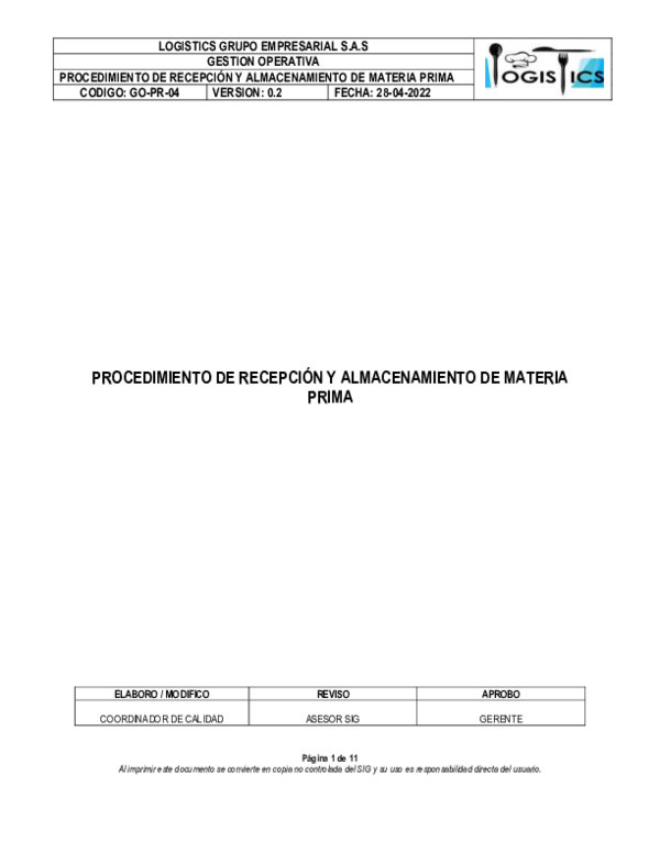 (PDF) LOGISTICS GRUPO EMPRESARIAL S.A.S GESTION OPERATIVA PROCEDIMIENTO DE RECEPCIÓN Y ...