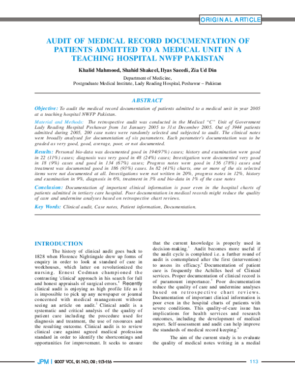 (PDF) Audit of Medical Record Documentation of Patients Admitted to a ...