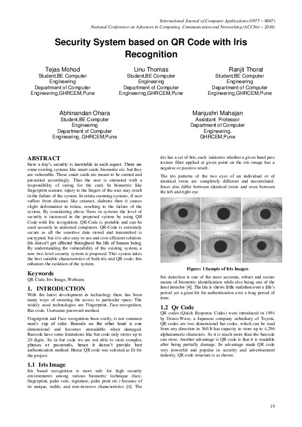 (PDF) Security System based on QR Code with Iris Recognition