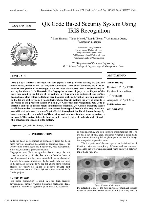 (PDF) QR Code Based Security System Using IRIS Recognition