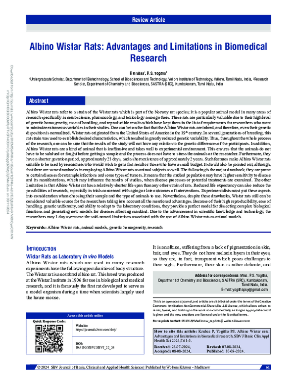 (PDF) Albino Wistar Rats: Advantages and Limitations in Biomedical Research