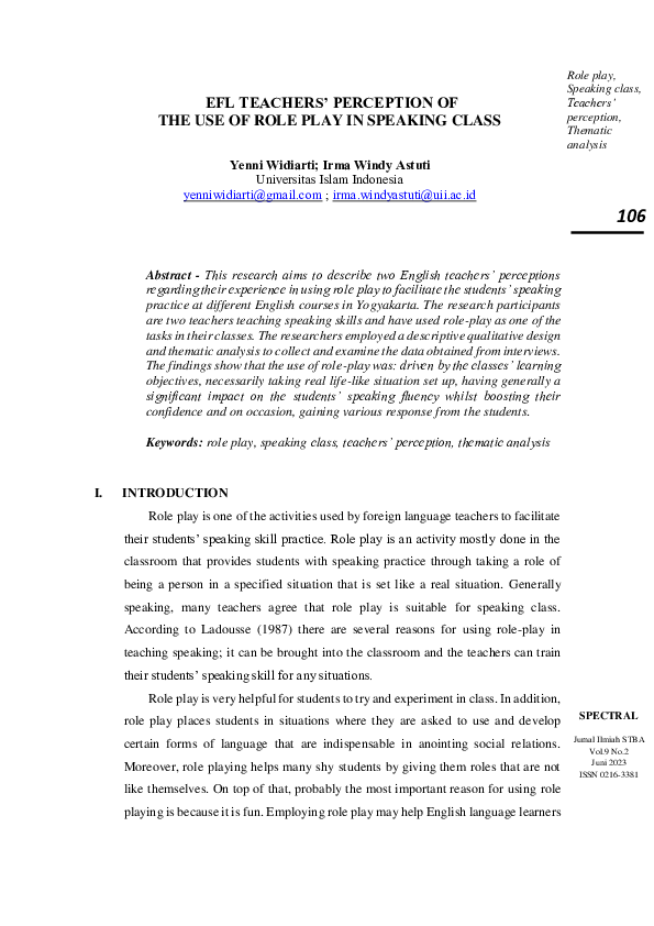 (PDF) Efl Teachers’ Perception of the Use of Role Play in Speaking Class