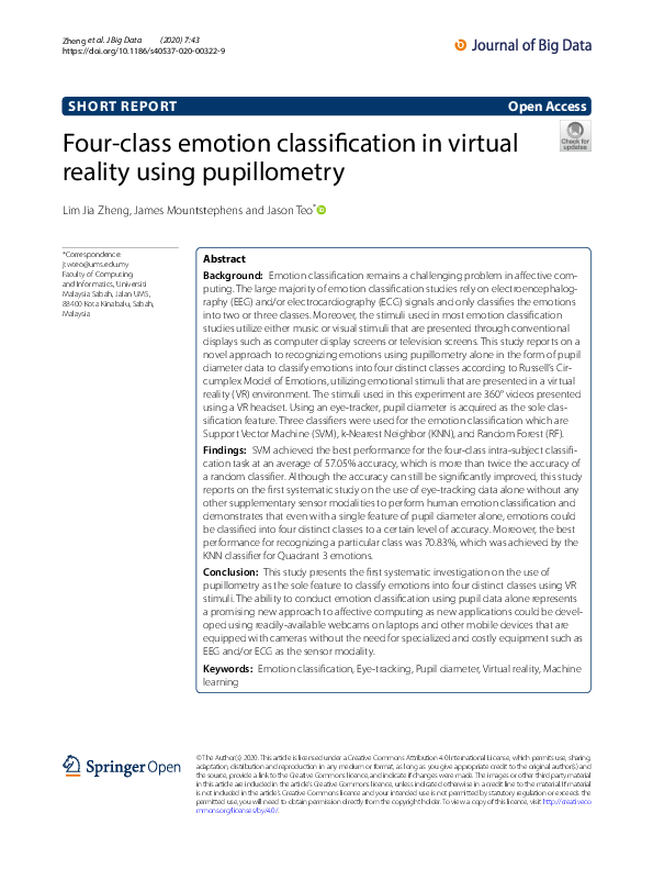 (PDF) Four-class emotion classification in virtual reality using pupillometry