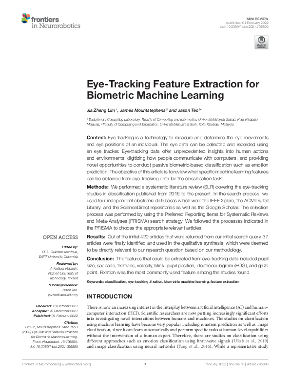 Pdf Eye Tracking Feature Extraction For Biometric Machine Learning